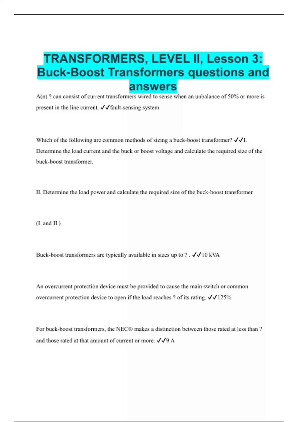 TRANSFORMERS, LEVEL II, Lesson 3: Buck-Boost Transformers questions and answers - TRANSFORMERS ...
