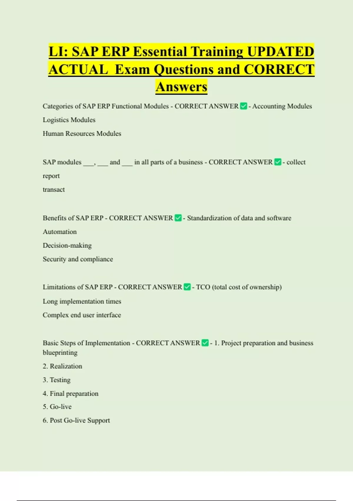 LI: SAP ERP Essential Training UPDATED ACTUAL Exam Questions and CORRECT Answers - ERP - Stuvia US