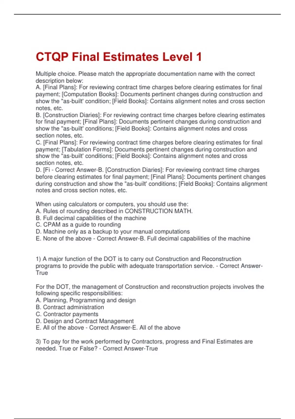 CTQP Final Estimates Level 1 questions and answers all are correct 2025 ...
