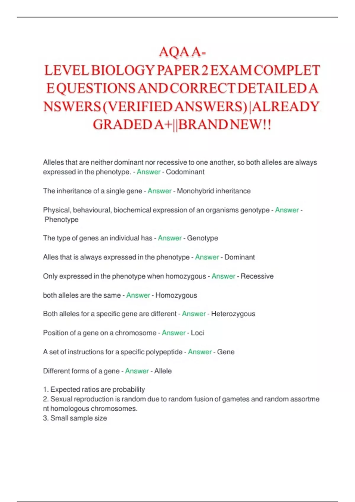 AQA A-LEVEL BIOLOGY PAPER 2 EXAM COMPLETE QUESTIONS AND CORRECT ...