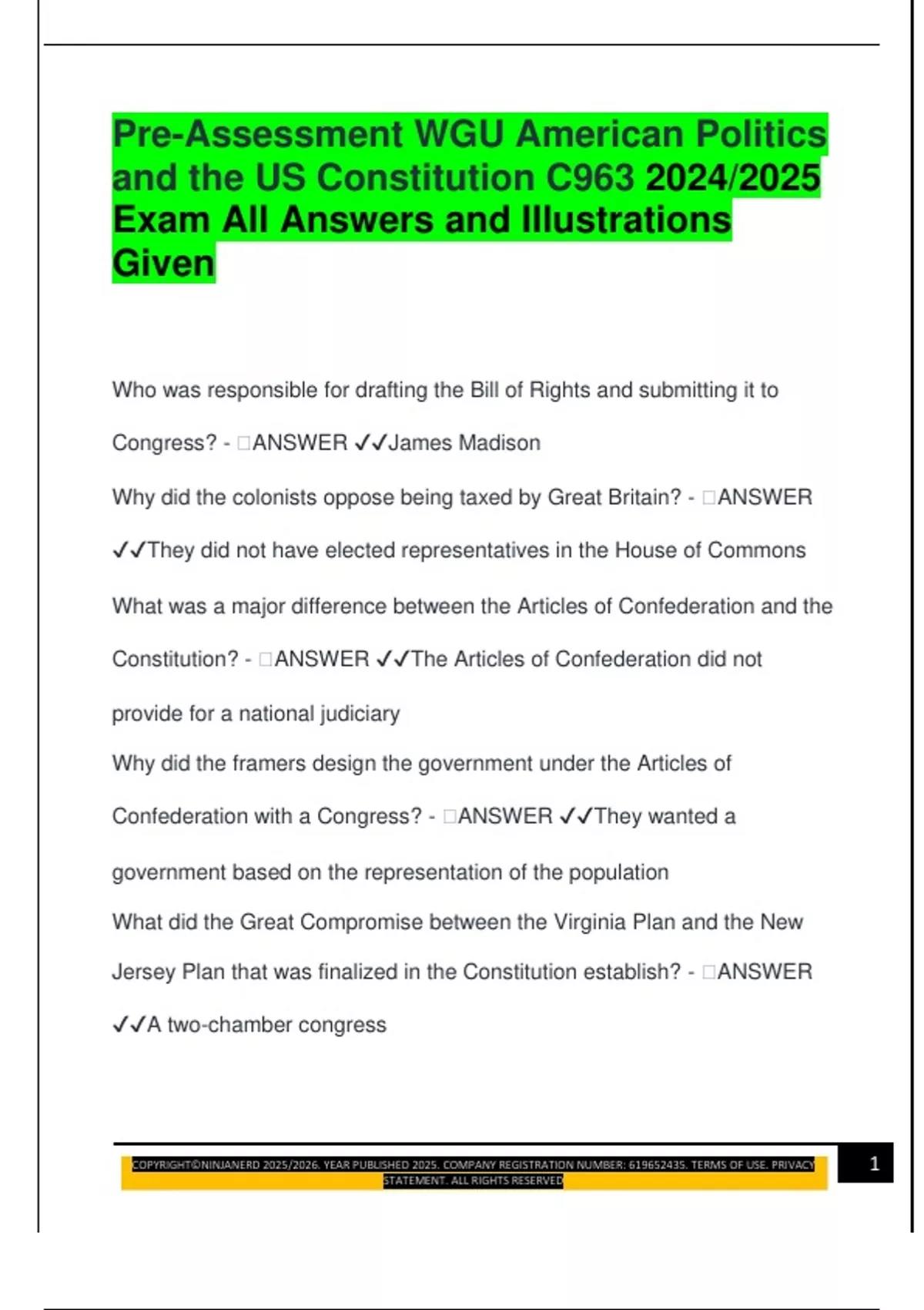 Pre-Assessment WGU American Politics and the US Constitution C963 2024/ ...