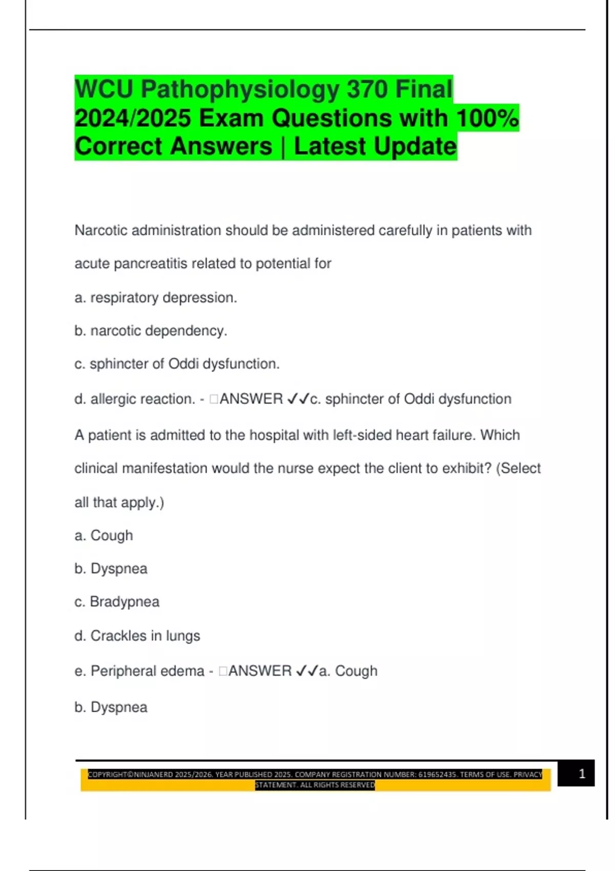 WCU Pathophysiology 370 Final 2024/2025 Exam Questions with 100% ...