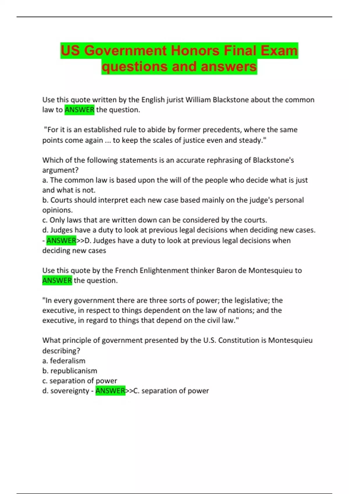 US Government Honors Final Exam questions and answers - American ...