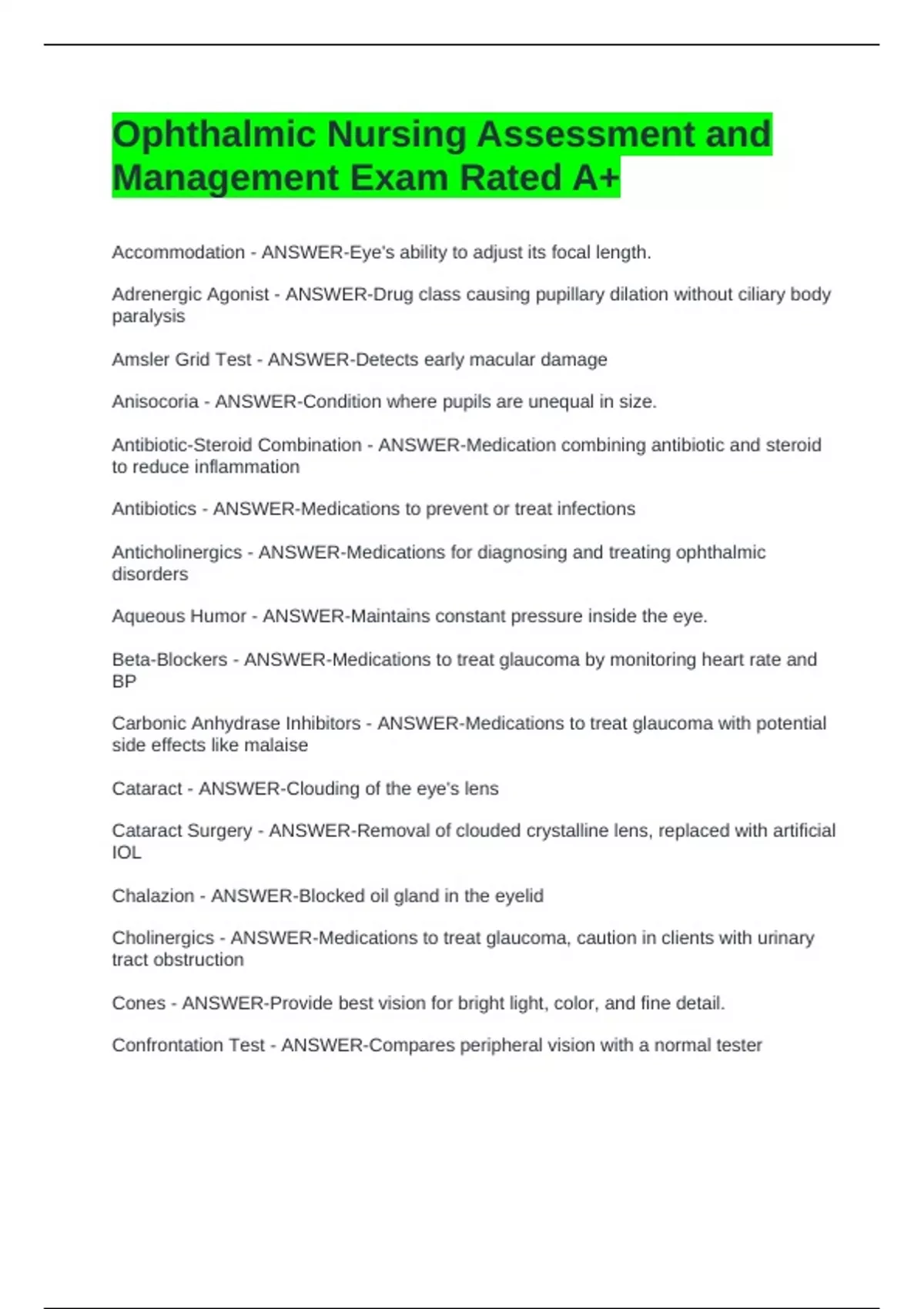 Ophthalmic Nursing Assessment and Management Exam Rated A+ - Ophthalmic ...