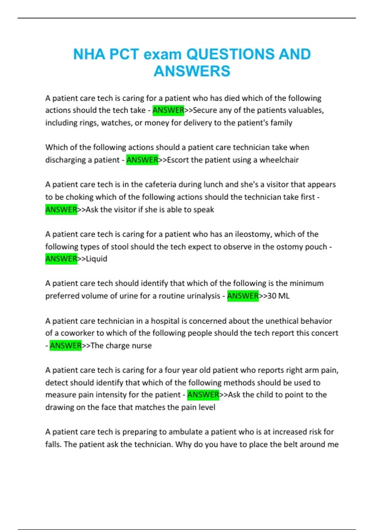 NHA PCT exam QUESTIONS AND ANSWERS - NHA PCT - Stuvia US