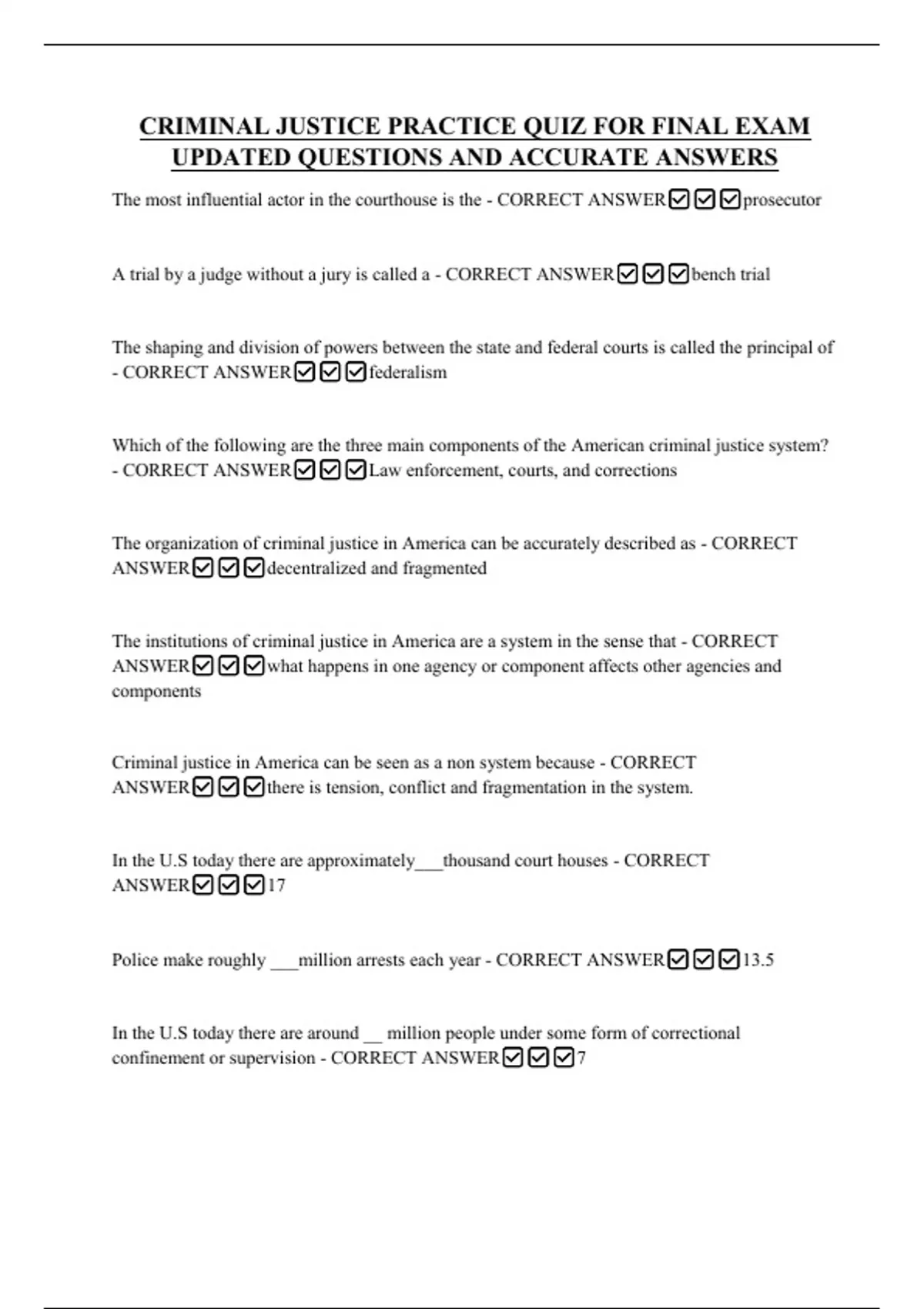 CRIMINAL JUSTICE PRACTICE QUIZ FOR FINAL EXAM UPDATED QUESTIONS AND ...