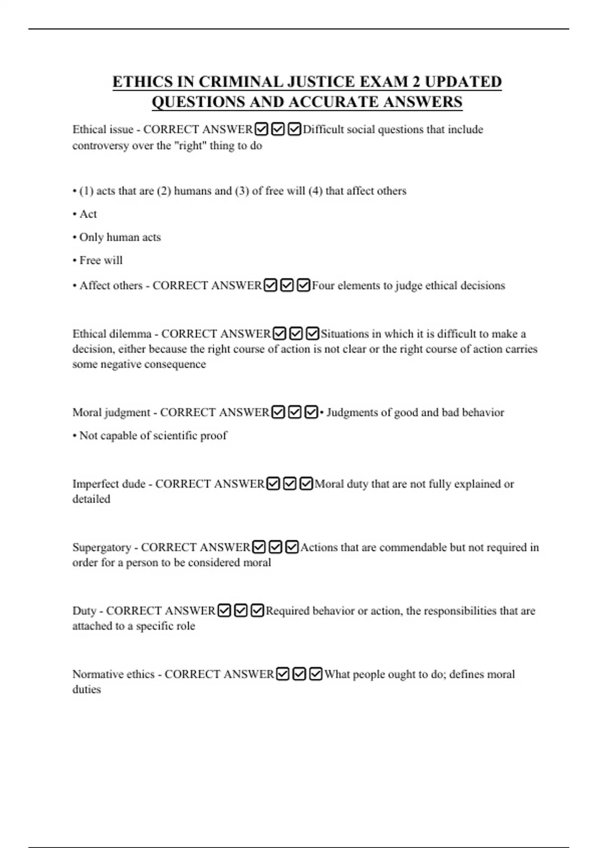ETHICS IN CRIMINAL JUSTICE EXAM 2 UPDATED QUESTIONS AND ACCURATE ...