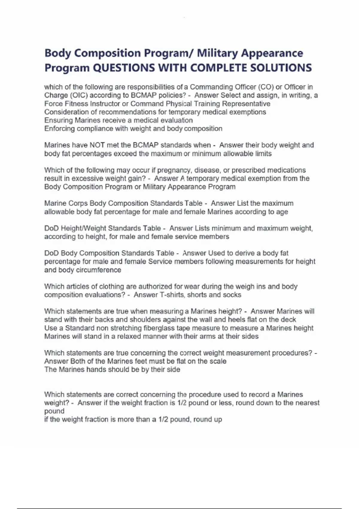 Body Composition Program/ Military Appearance Program QUESTIONS WITH ...