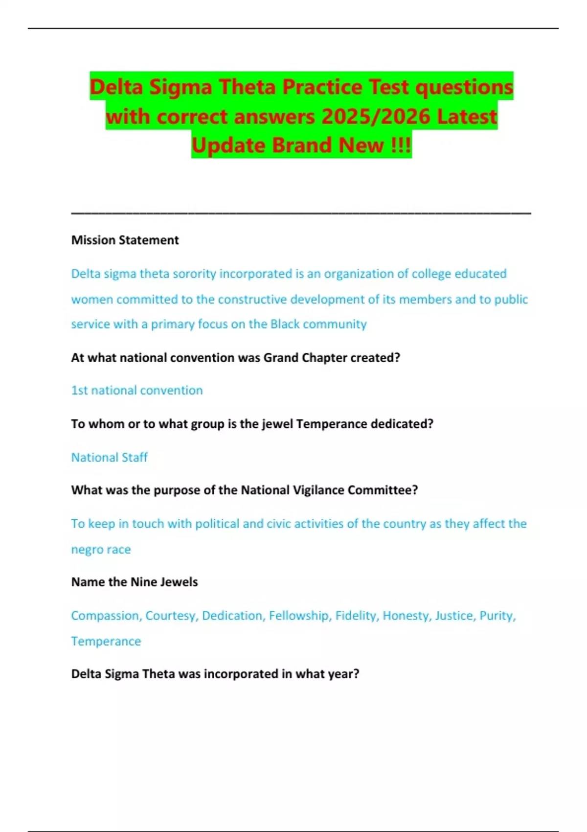 Delta Sigma Theta Practice Test questions with correct answers 2025/ ...