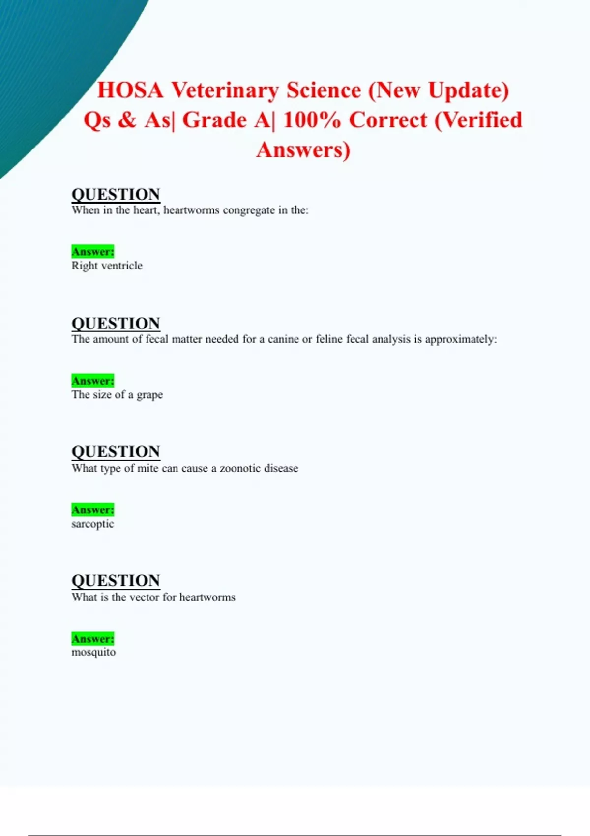HOSA Veterinary Science (NEW 2025/ 2026 Update | Qs & As| Grade A| 100% ...