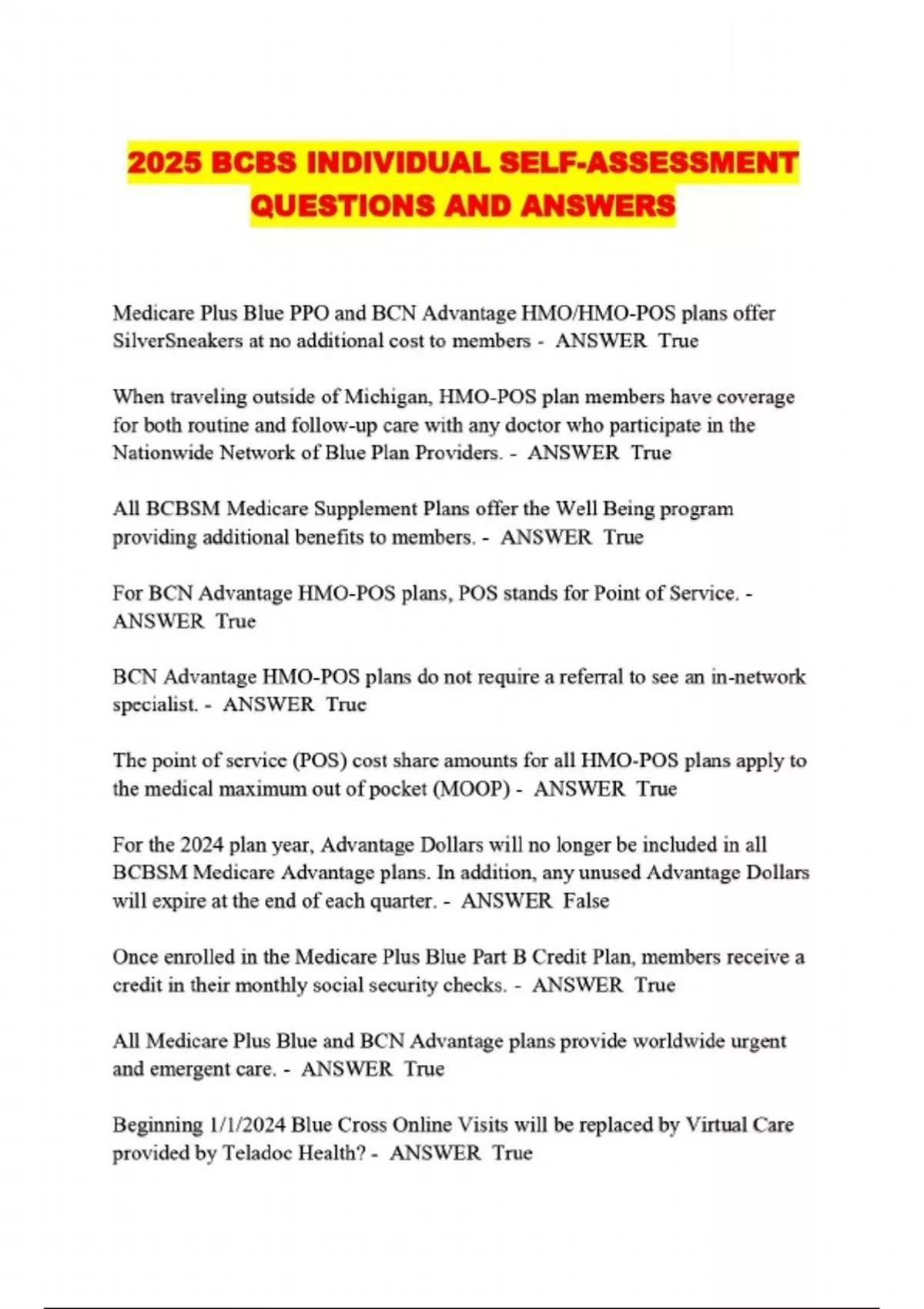2025 BCBS INDIVIDUAL SELF-ASSESSMENT QUESTIONS AND ANSWERS - BCBS ...