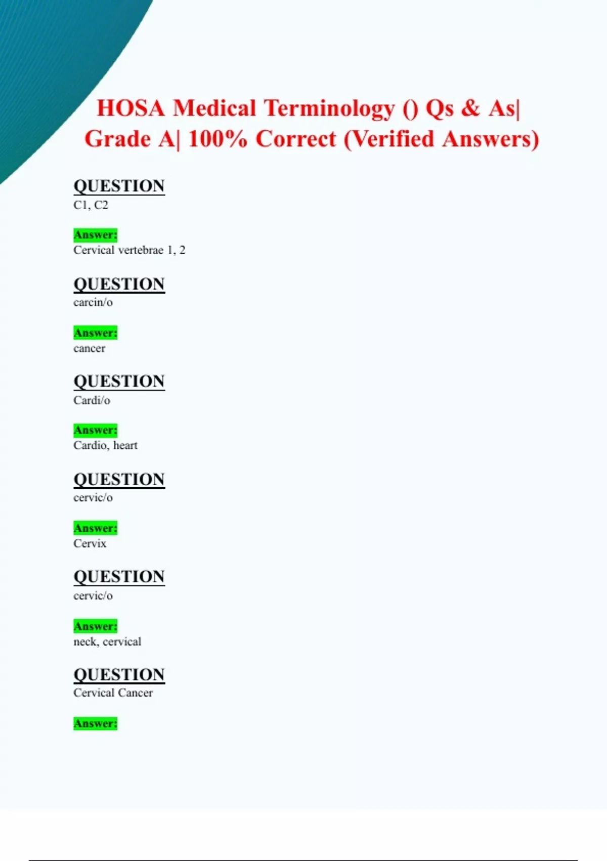 Hosa Medical Terminology (2025/ 2026 ) | Qs & As| Grade A| 100% Correct (Verified Answers ...