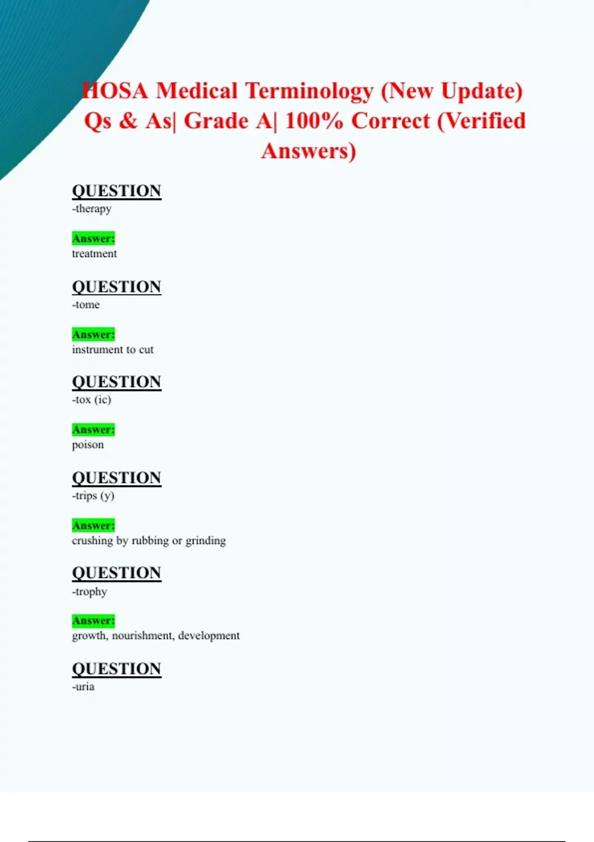 Hosa Medical Terminology (NEW 2025/ 2026 Update) | Qs & As| Grade A| 100% Correct (Verified ...