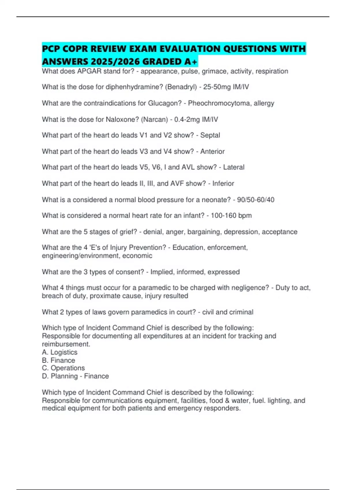 PCP COPR REVIEW EXAM EVALUATION QUESTIONS WITH ANSWERS 2025/2026 GRADED ...