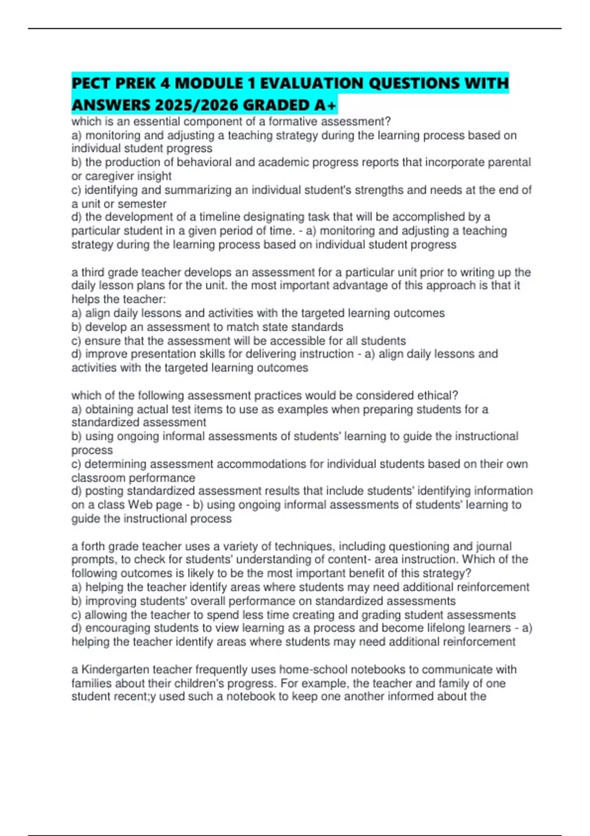 PECT PREK 4 MODULE 1 EVALUATION QUESTIONS WITH ANSWERS 2025/2026 GRADED ...