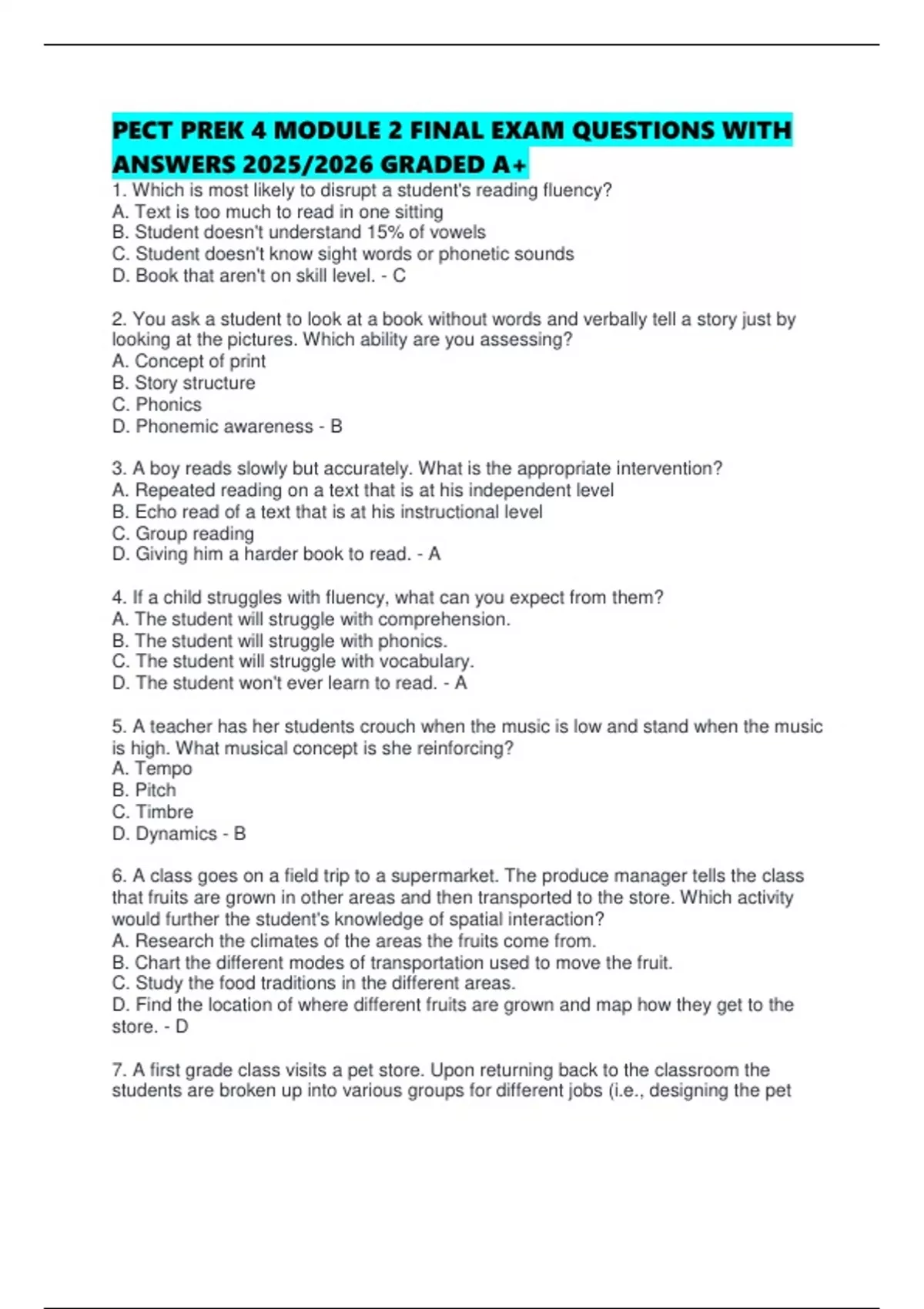 PECT PREK 4 MODULE 2 FINAL EXAM QUESTIONS WITH ANSWERS 2025/2026 GRADED ...