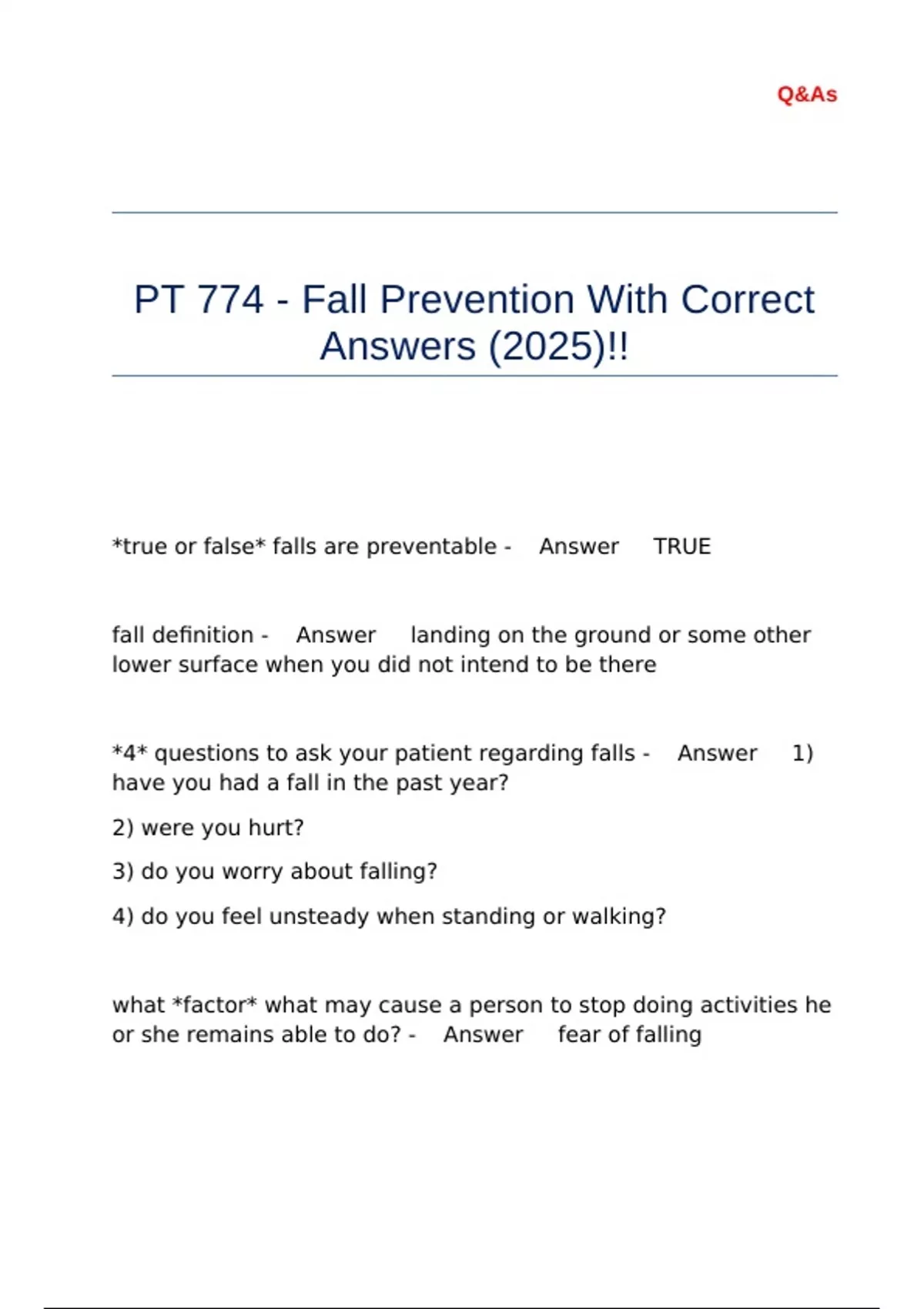 PT 774 - Fall Prevention With Correct Answers (2025)!! - PT 774 - Stuvia US