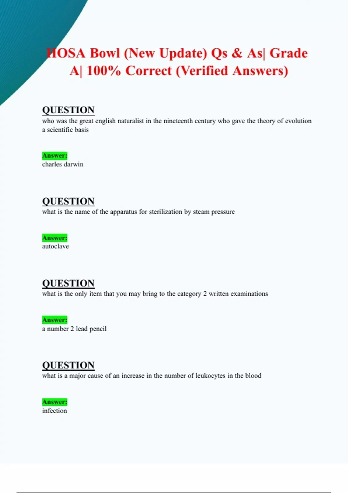 HOSA BOWL (NEW 2025/ 2026 Update) | Qs & As| Grade A| 100% Correct ...