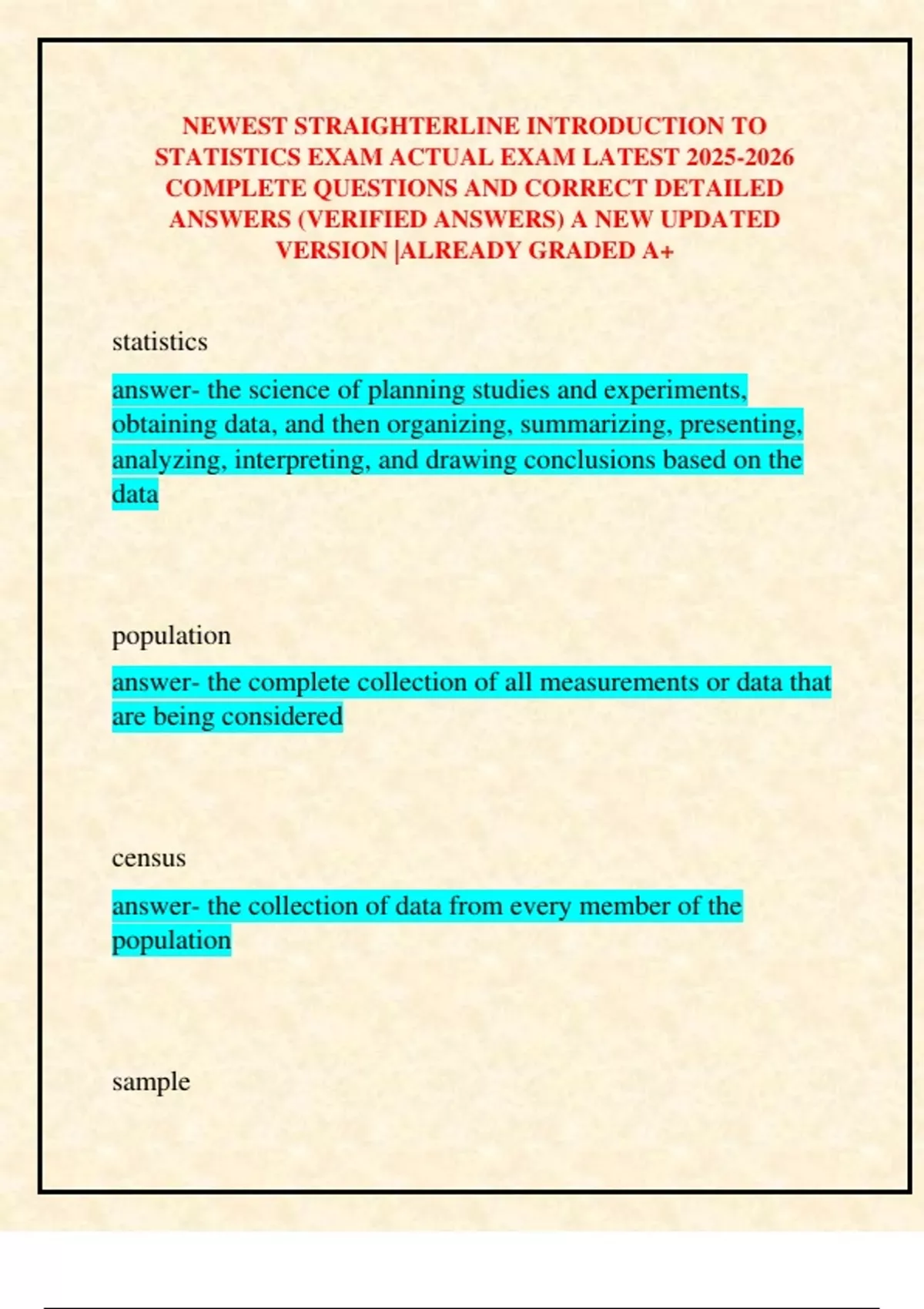 NEWEST STRAIGHTERLINE INTRODUCTION TO STATISTICS EXAM ACTUAL EXAM ...