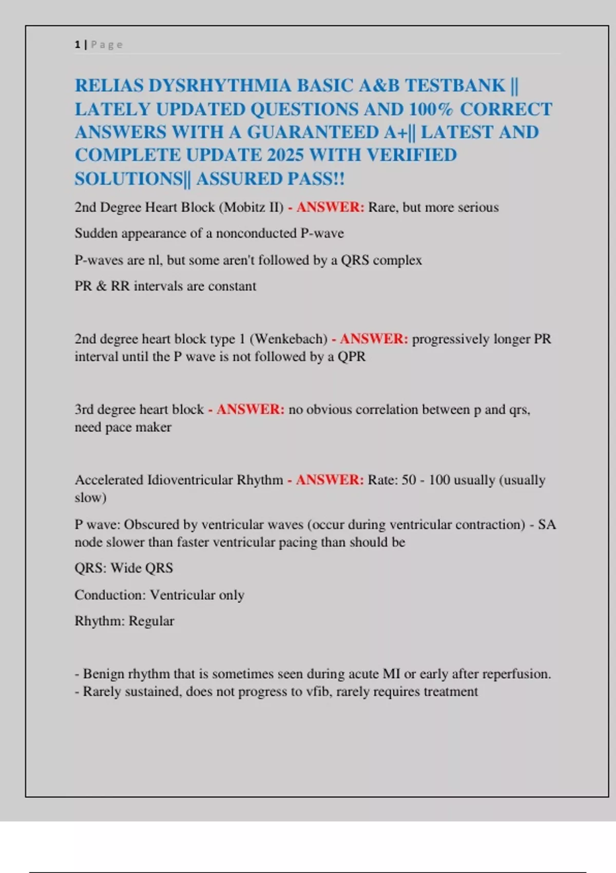 RELIAS DYSRHYTHMIA BASIC A&B TESTBANK || LATELY UPDATED QUESTIONS AND ...