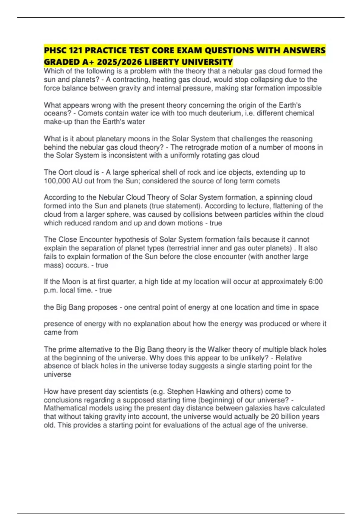 PHSC 121 EXAM ACTUAL EVALUATION EXAM QUESTIONS WITH ANSWERS GRADED A+ ...