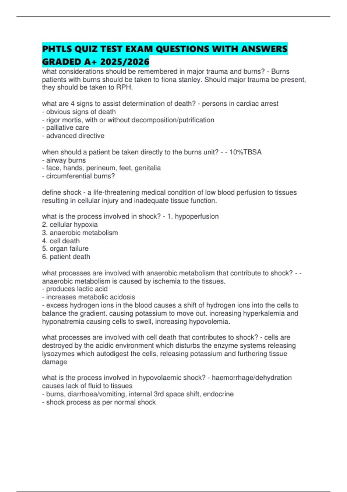 PHTLS EXAM EVALUATION QUESTIONS WITH ANSWERS GRADED A+ 2025/2026 ...