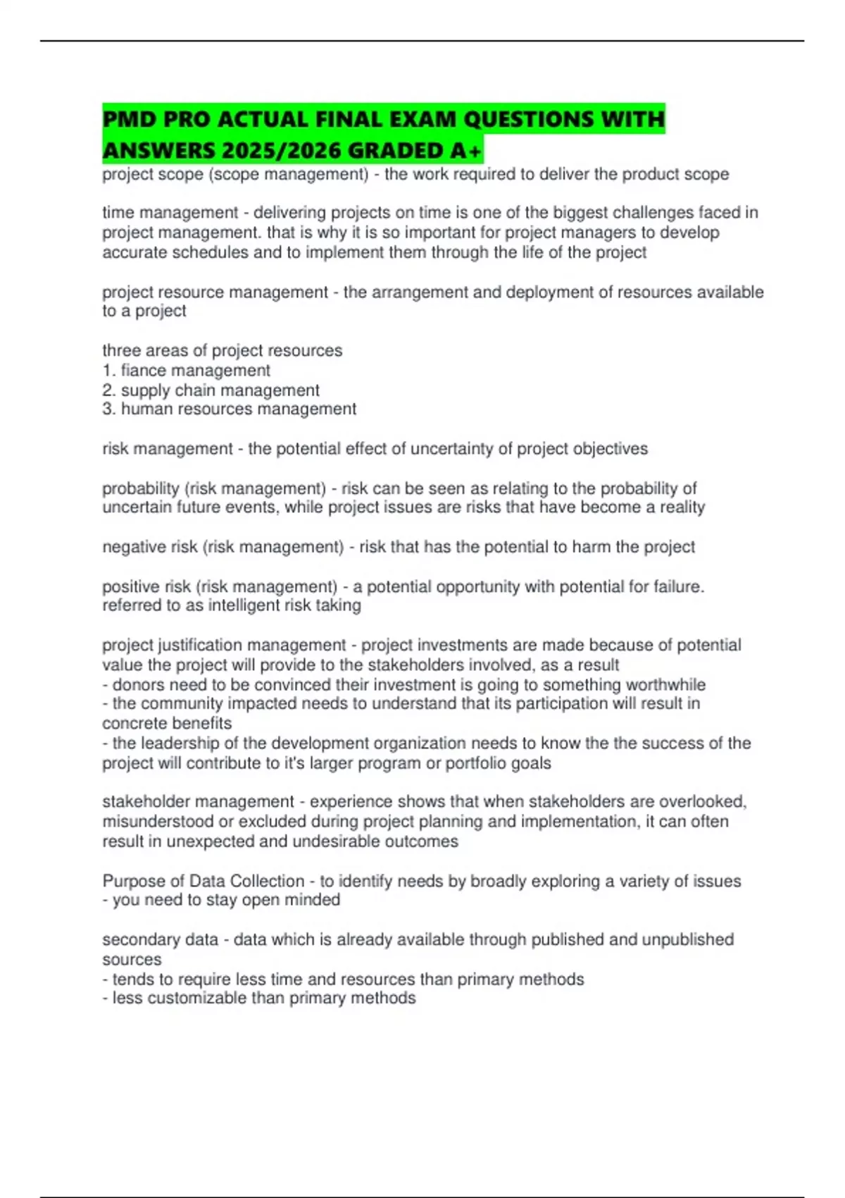 PMD PRO ACTUAL FINAL EXAM QUESTIONS WITH ANSWERS 2025/2026 GRADED A+ - PMD PRO - Stuvia US