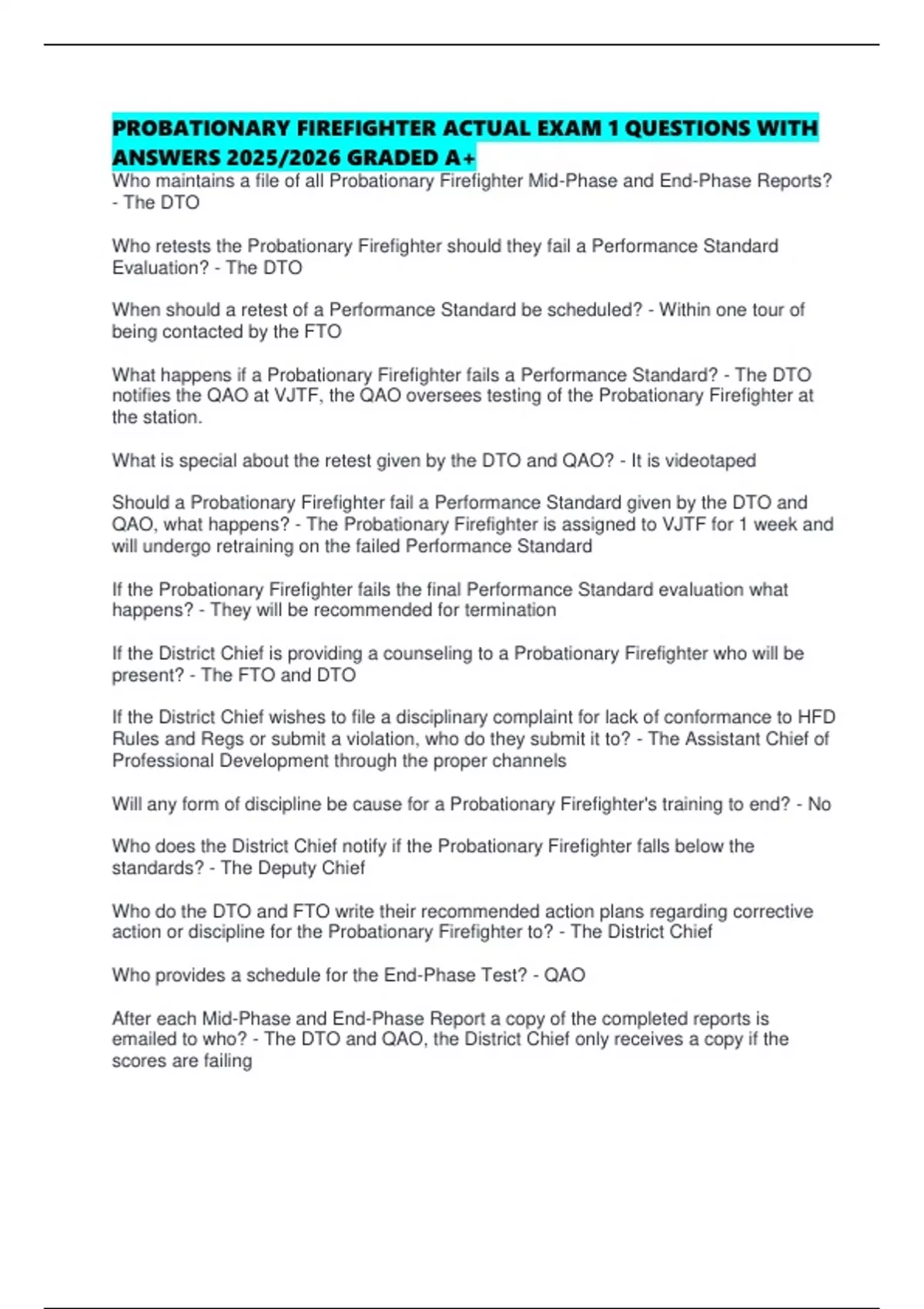 PROBATIONARY FIREFIGHTER ACTUAL EXAM 1 QUESTIONS WITH ANSWERS 2025/2026 ...