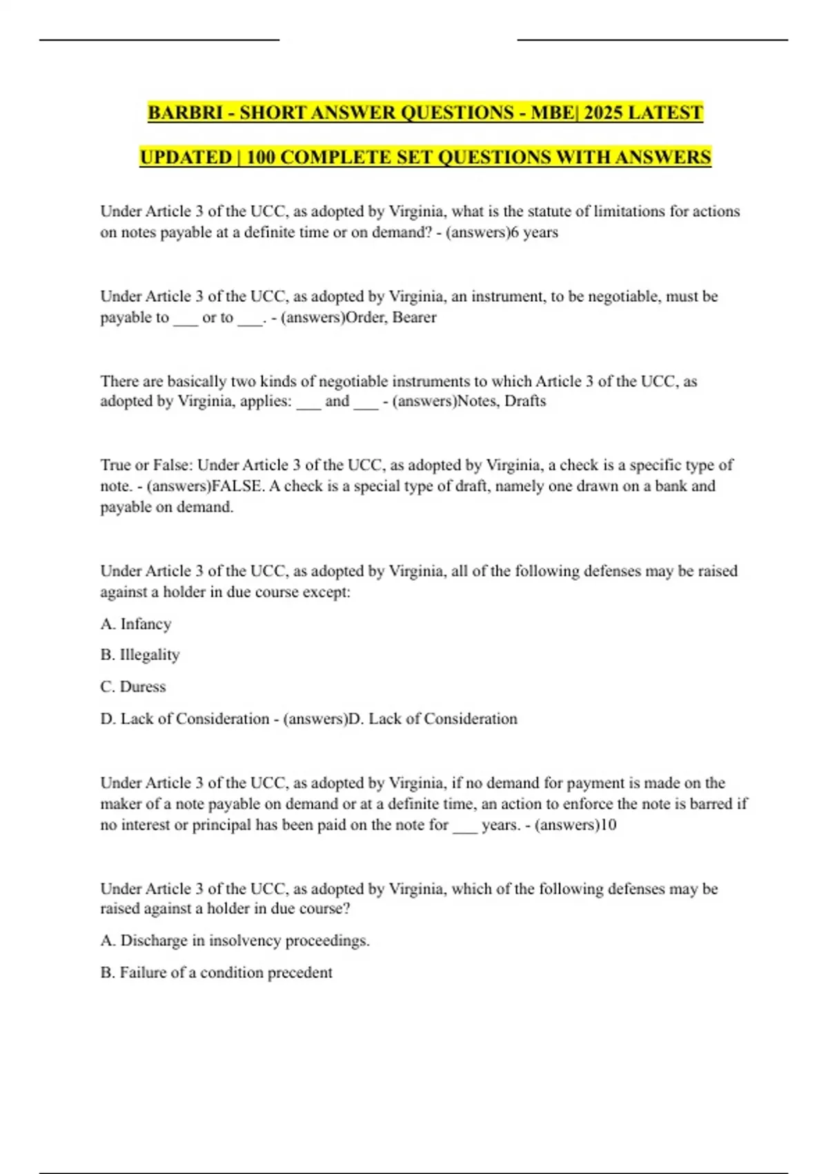 BARBRI - SHORT ANSWER QUESTIONS - MBE| 2025 LATEST UPDATED | 100 ...
