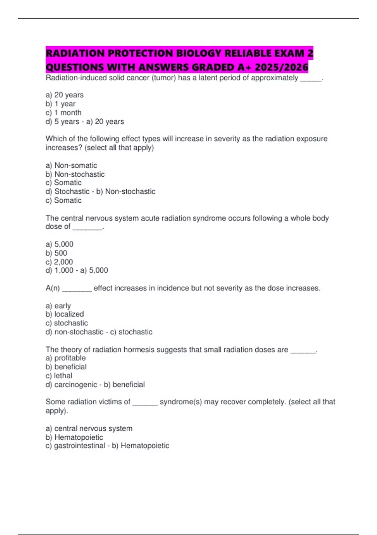 RADIATION PROTECTION BIOLOGY RELIABLE EXAM 2 QUESTIONS WITH ANSWERS ...