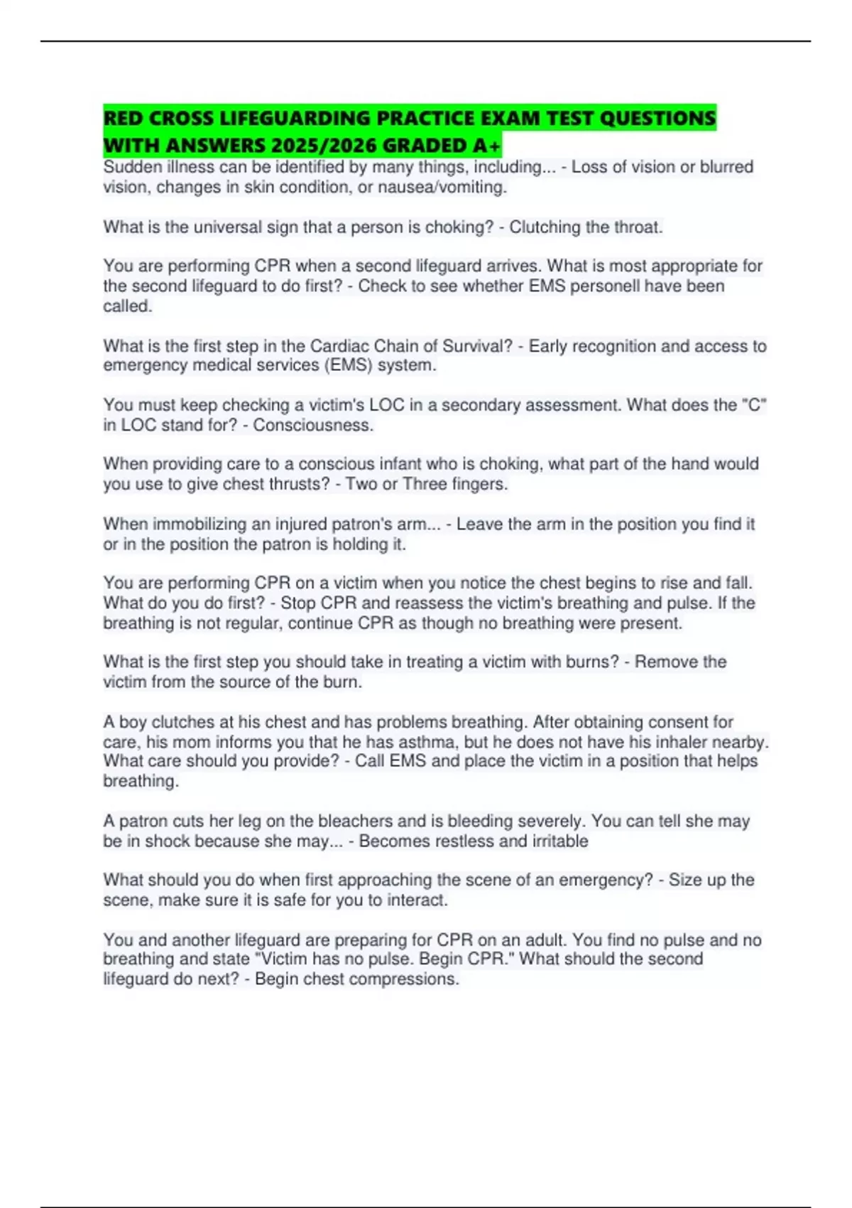 RED CROSS LIFE GUARDING FINAL EVALUATION QUESTIONS WITH ANSWERS 2025/ ...