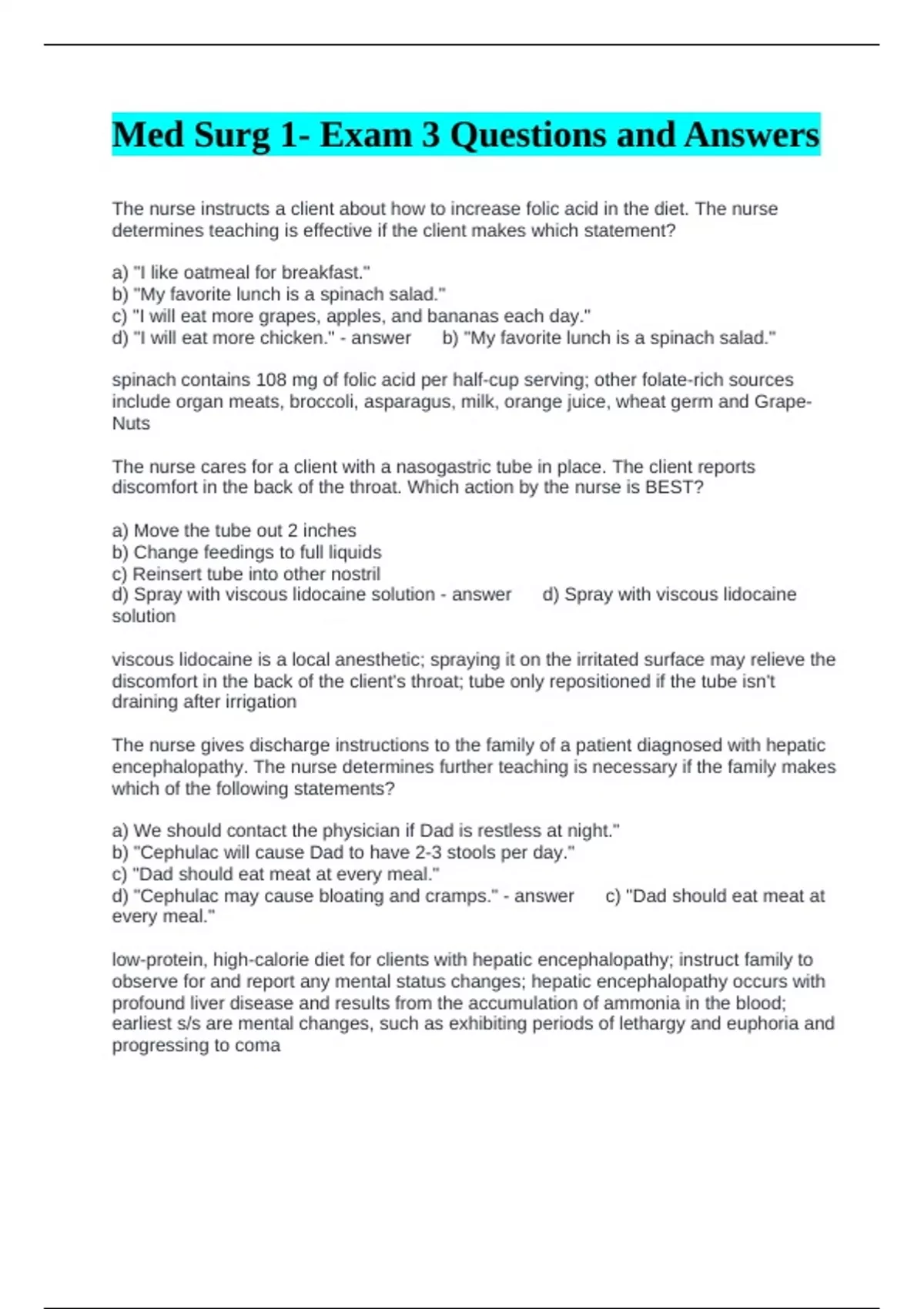 Med Surg 1- Exam 3 Questions and Answers - MED SURG - Stuvia US