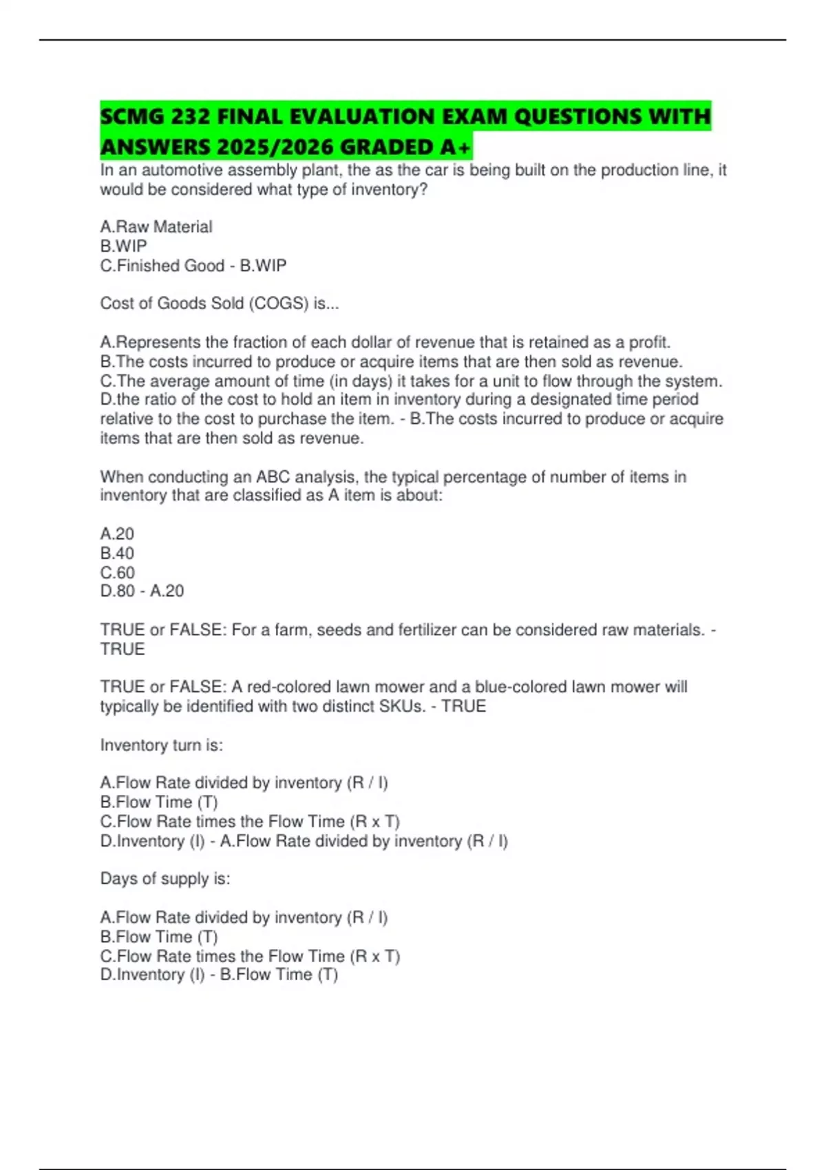 SCMG 232 FINAL EVALUATION EXAM QUESTIONS WITH ANSWERS 2025/2026 GRADED A+ - SCMG - Stuvia US