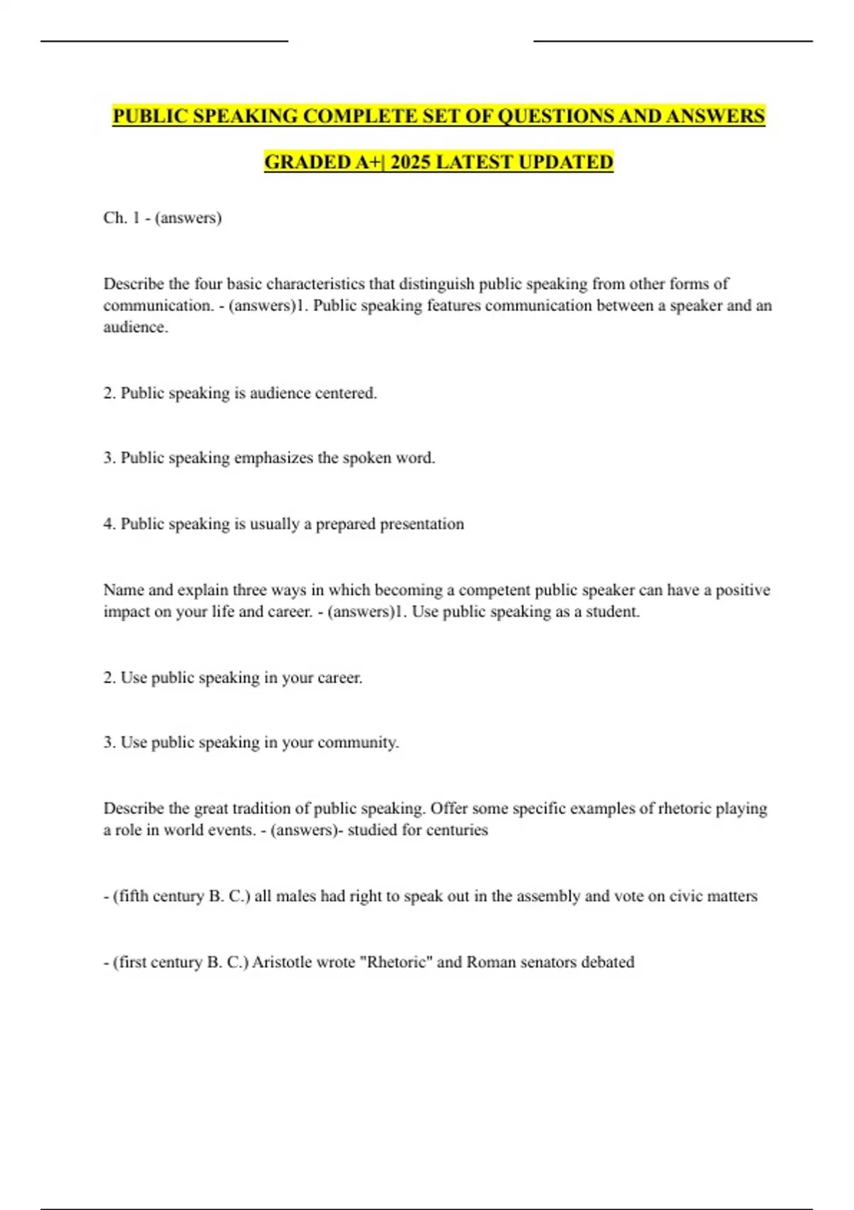 PUBLIC SPEAKING COMPLETE SET OF QUESTIONS AND ANSWERS GRADED A+| 2025 ...