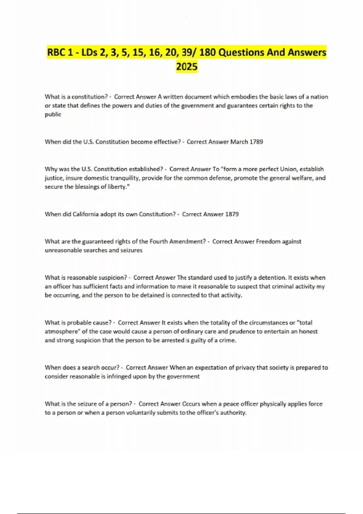 RBC 1 - LDs 2, 3, 5, 15, 16, 20, 39/ 180 Questions And Answers 2025 ...