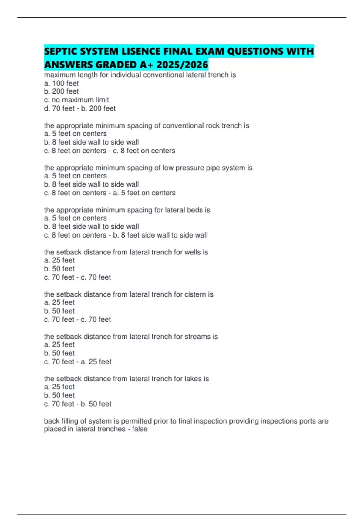 SEPTIC SYSTEM LISENCE FINAL EXAM QUESTIONS WITH ANSWERS GRADED A+ 2025/ ...