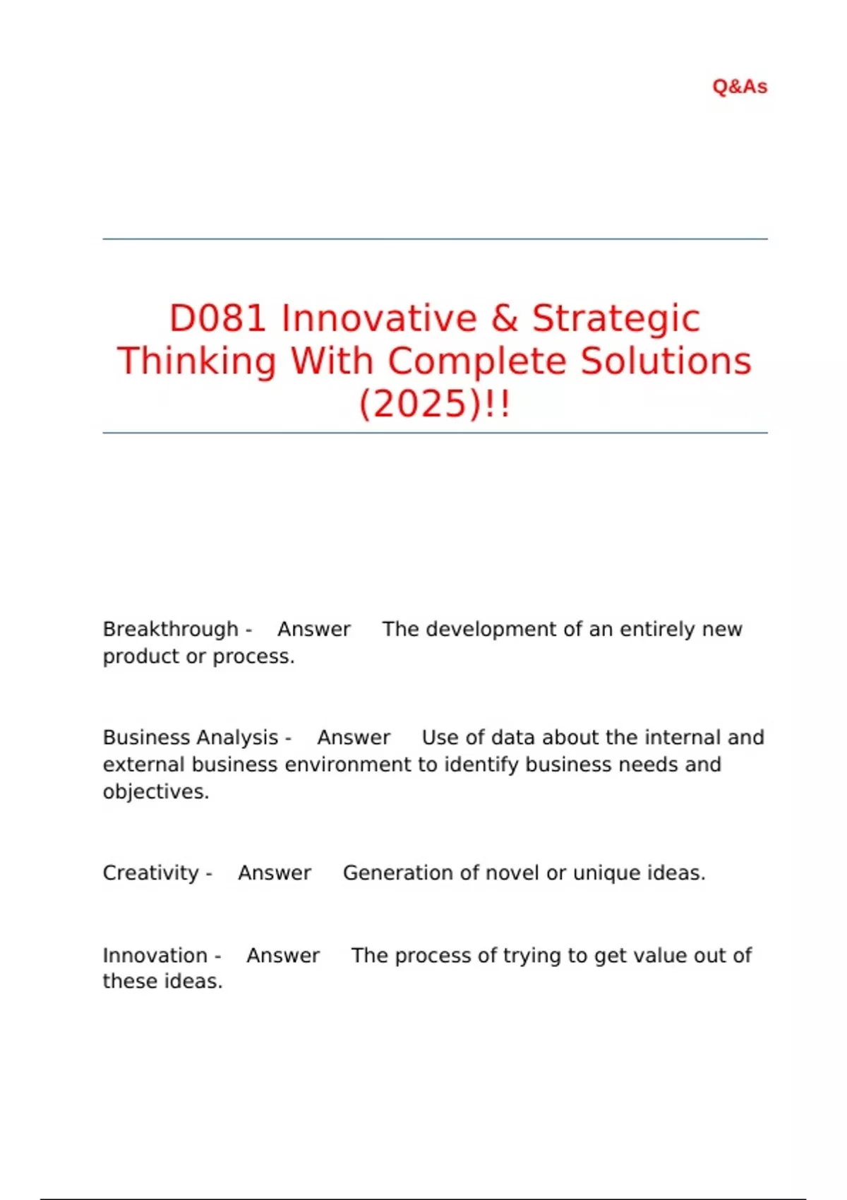 D081 Innovative & Strategic Thinking With Complete Solutions (2025 ...