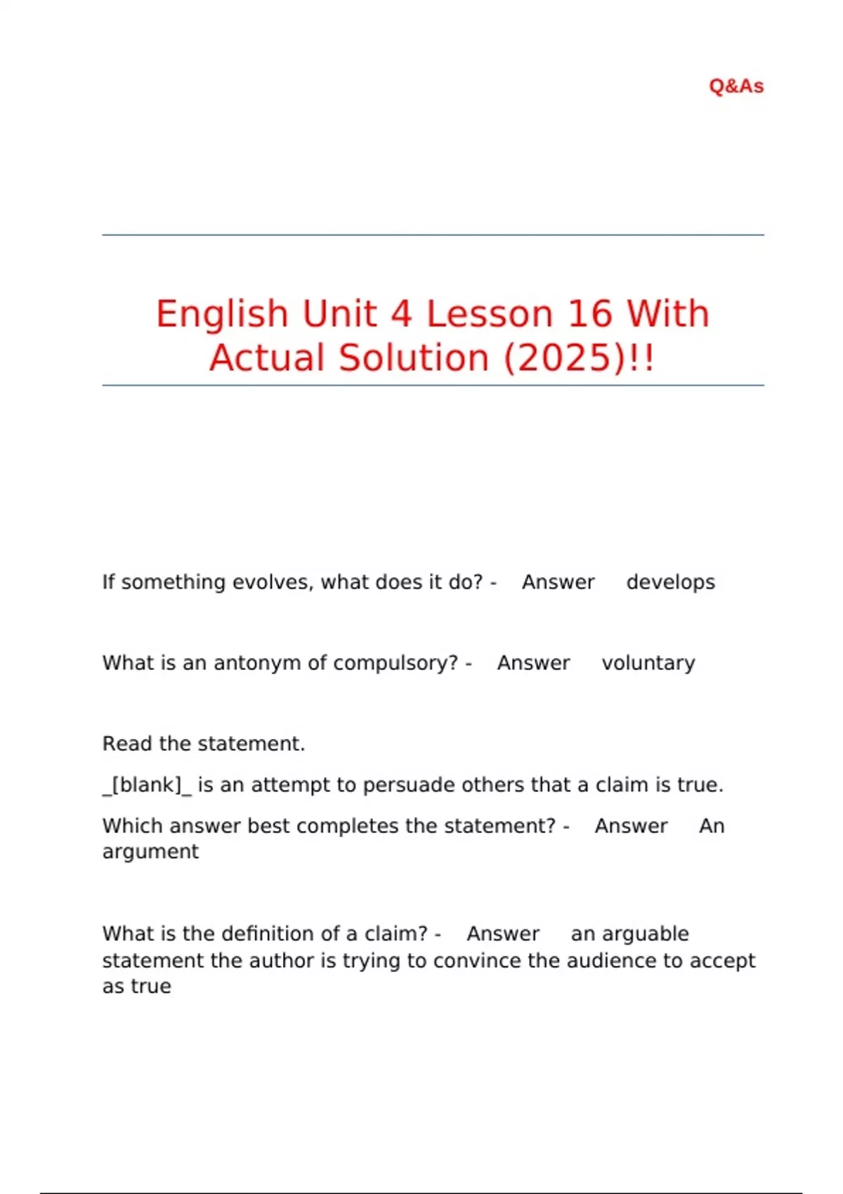 English Unit 4 Lesson 16 With Actual Solution (2025)!! - D081 - Stuvia US