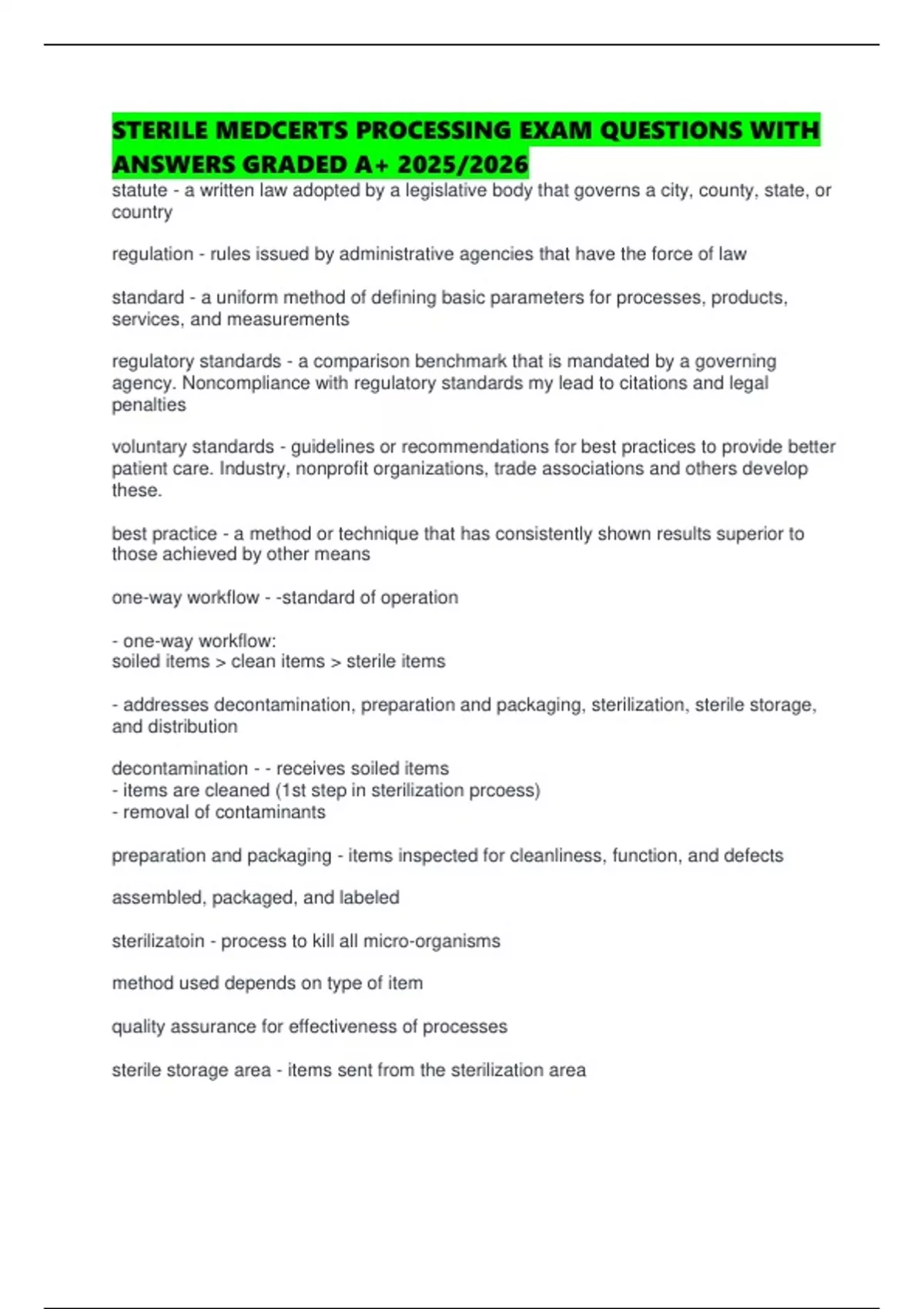 STERILE MEDCERTS PROCESSING EXAM QUESTIONS WITH ANSWERS GRADED A+ 2025/ ...