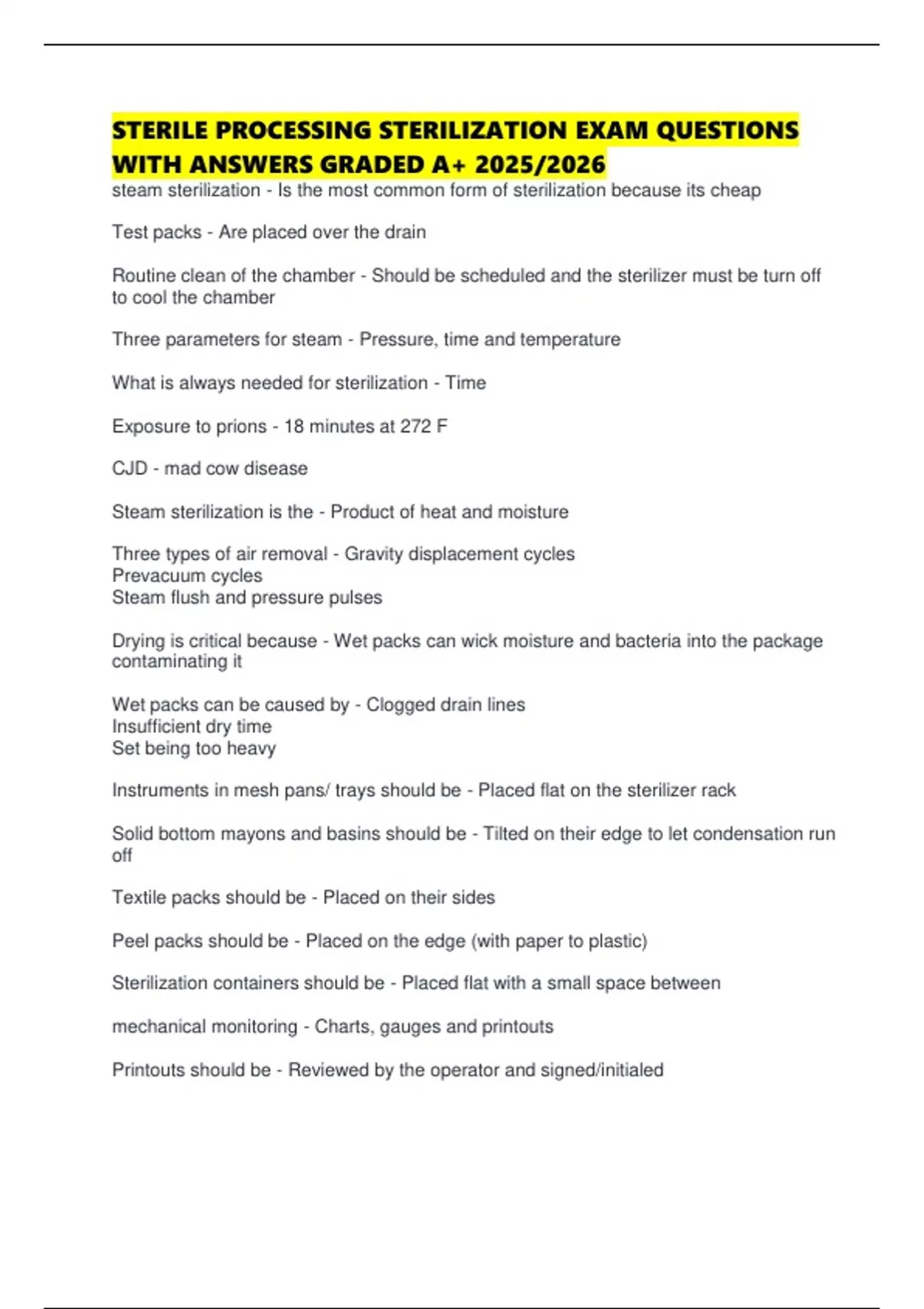 STERILE PROCESSING STERILIZATION EXAM QUESTIONS WITH ANSWERS GRADED A+ ...