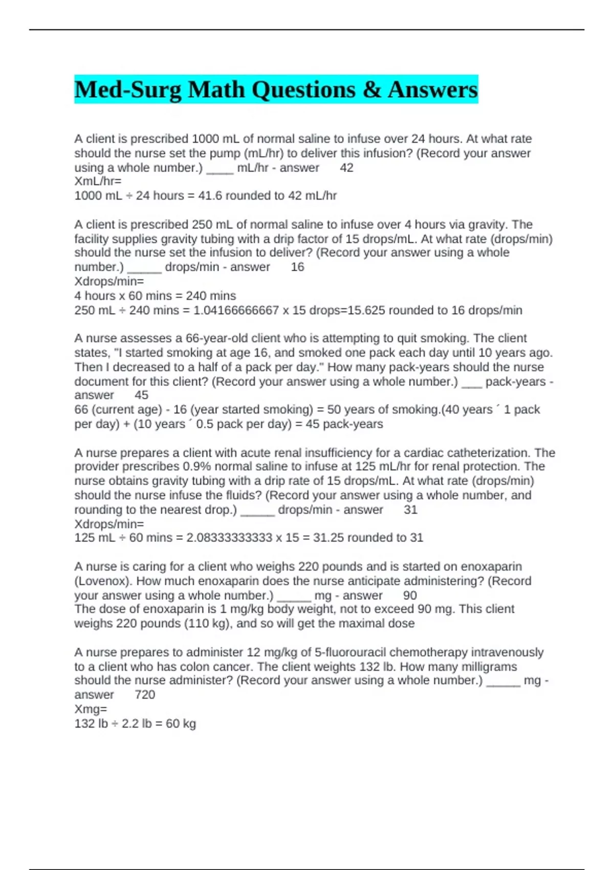 Med-Surg Math Questions & Answers - MED SURG - Stuvia US