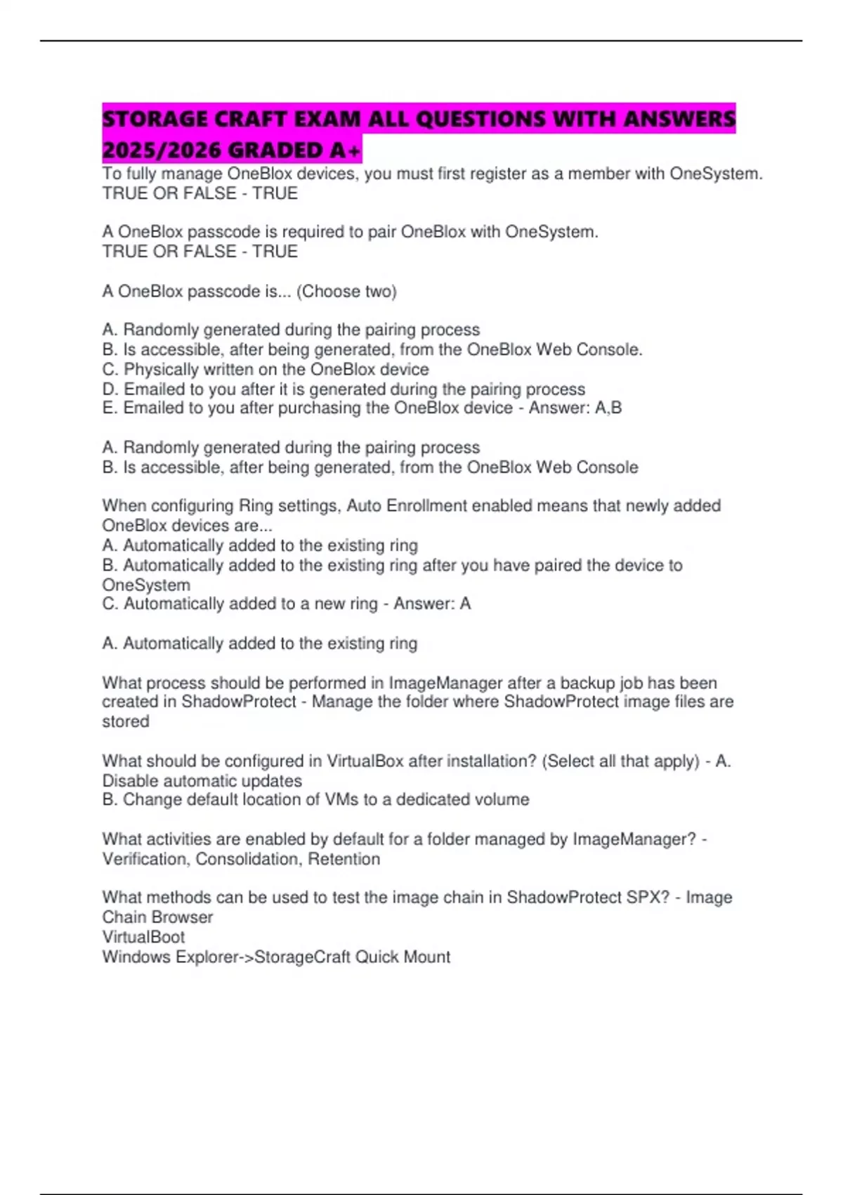 STORAGE CRAFT EXAM ALL QUESTIONS WITH ANSWERS 2025/2026 GRADED A+ ...