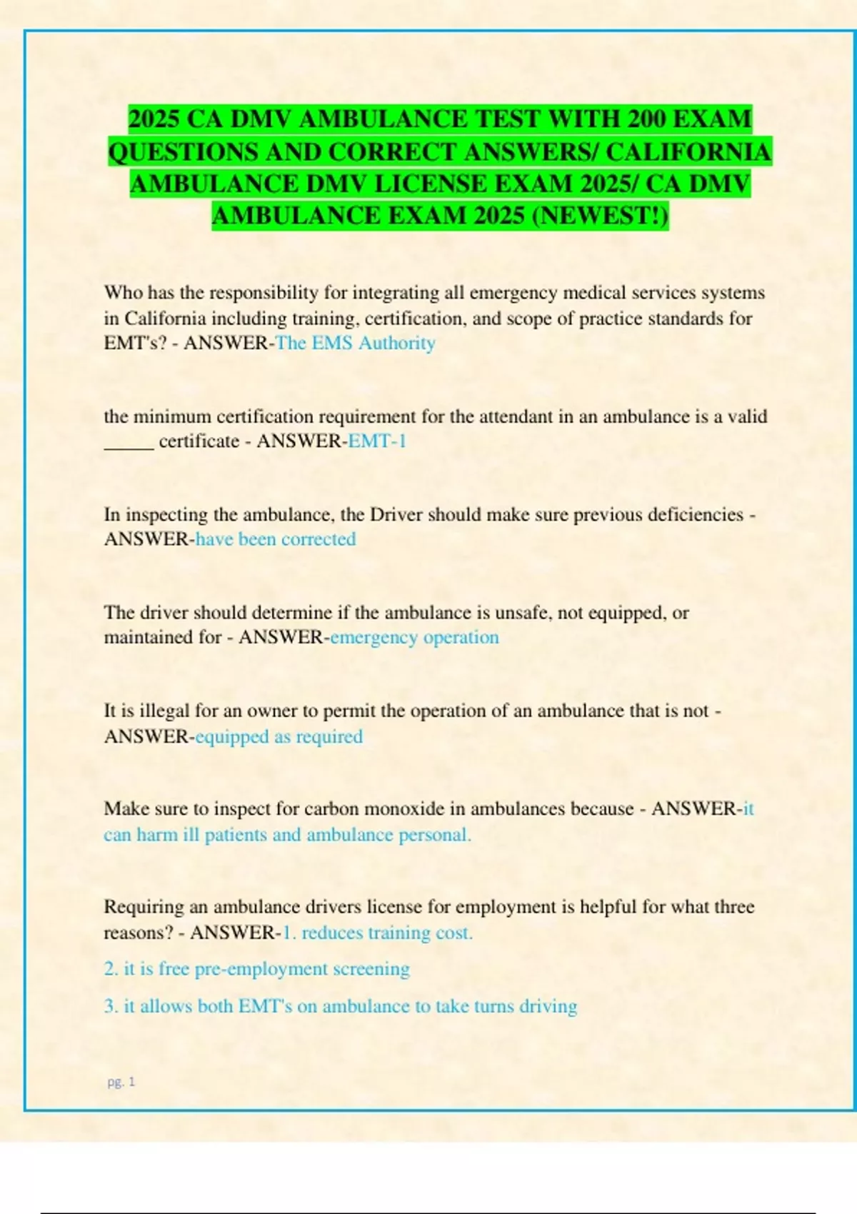 2025 CA DMV AMBULANCE TEST WITH 200 EXAM QUESTIONS AND CORRECT ANSWERS ...