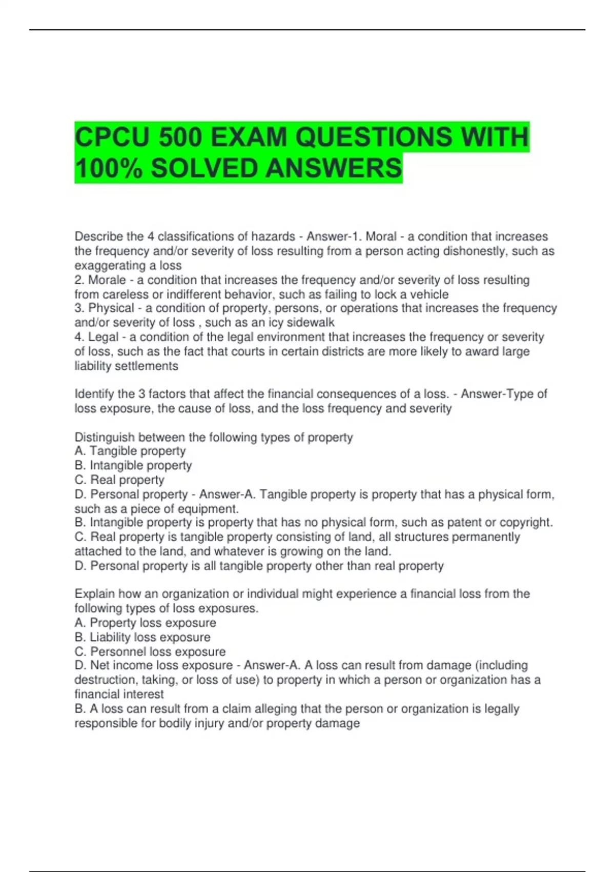 CPCU 500 EXAM QUESTIONS WITH 100% SOLVED ANSWERS - CPCU 500 - Stuvia US