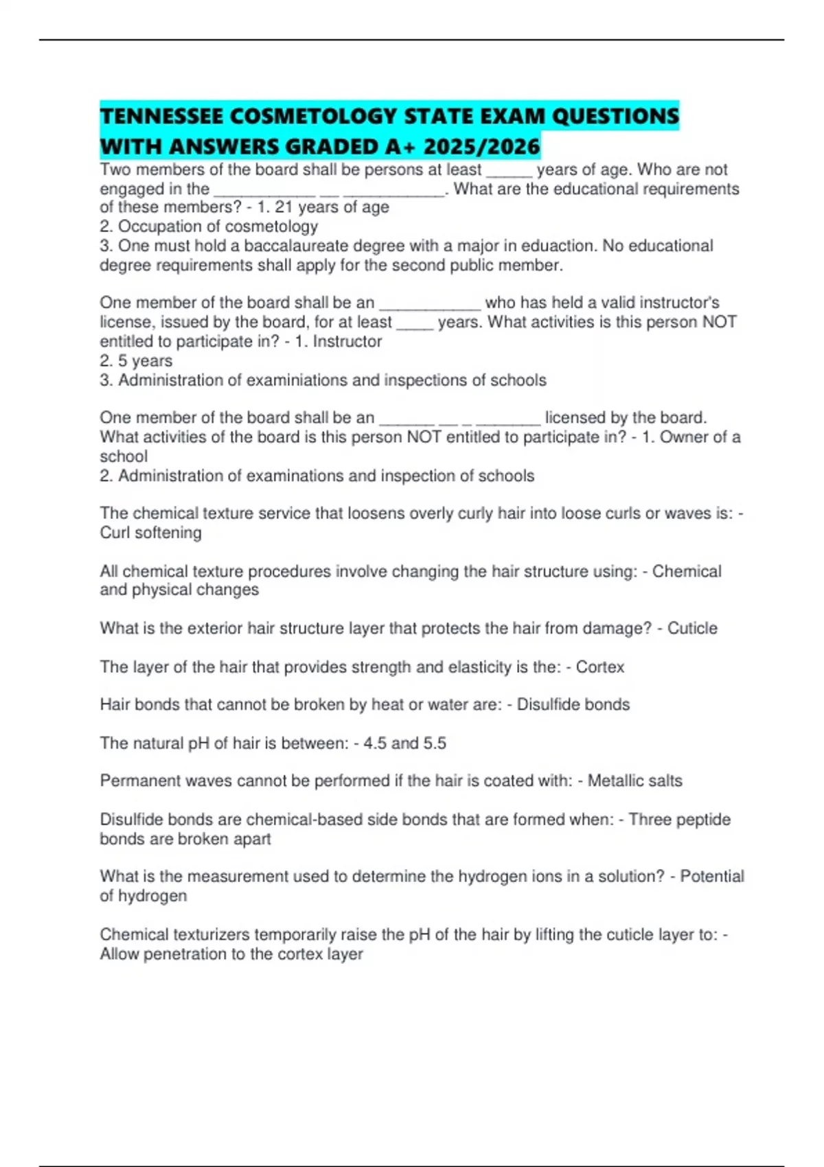 TENNESSEE COSMETOLOGY STATE EXAM QUESTIONS WITH ANSWERS GRADED A+ 2025/ ...