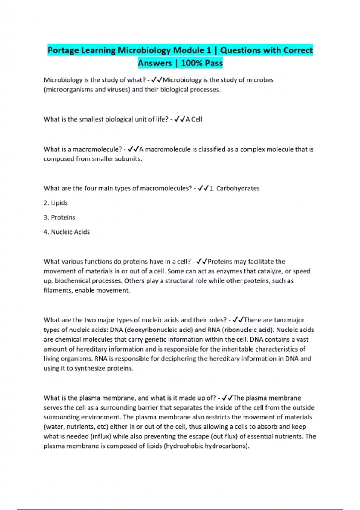 Portage Learning Microbiology Module 1 | Questions with Correct Answers ...