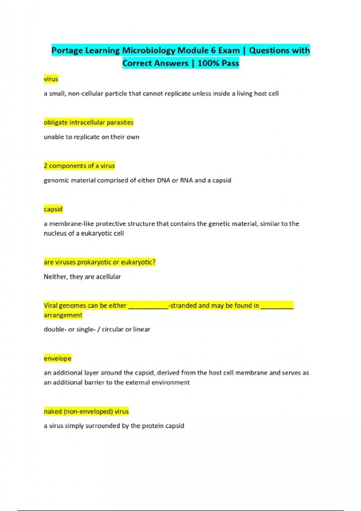 Portage Learning Microbiology Module 6 Exam | Questions with Correct ...