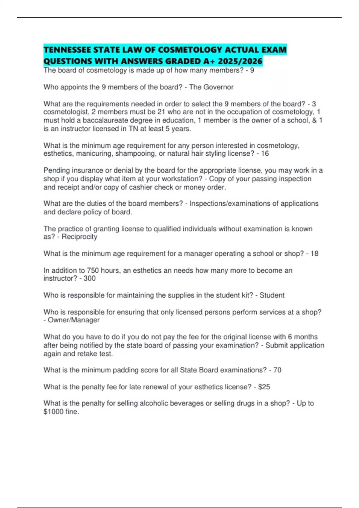 TENNESSEE STATE LAW OF COSMETOLOGY ACTUAL EXAM QUESTIONS WITH ANSWERS ...