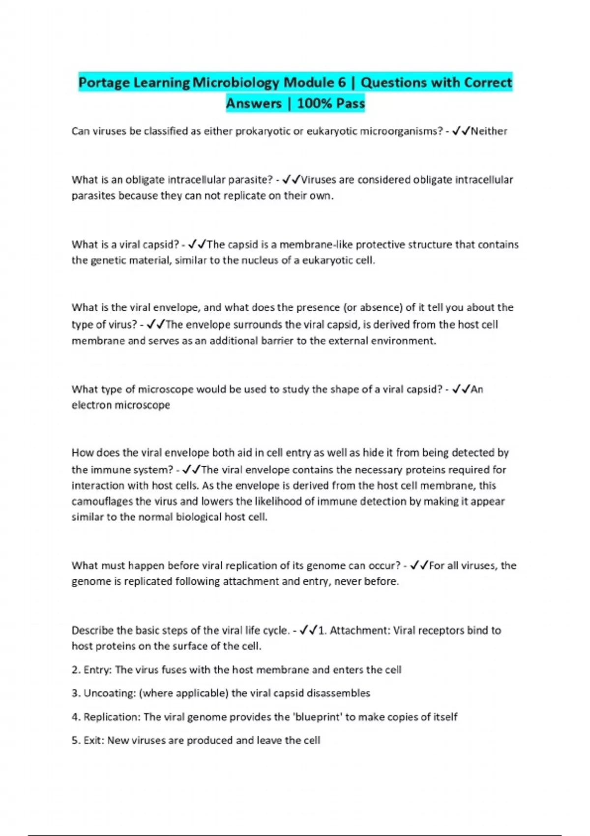 Portage Learning Microbiology Module 6 | Questions with Correct Answers ...
