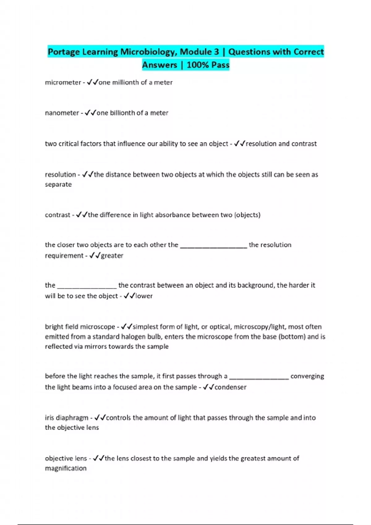 Portage Learning Microbiology, Module 3 | Questions with Correct ...